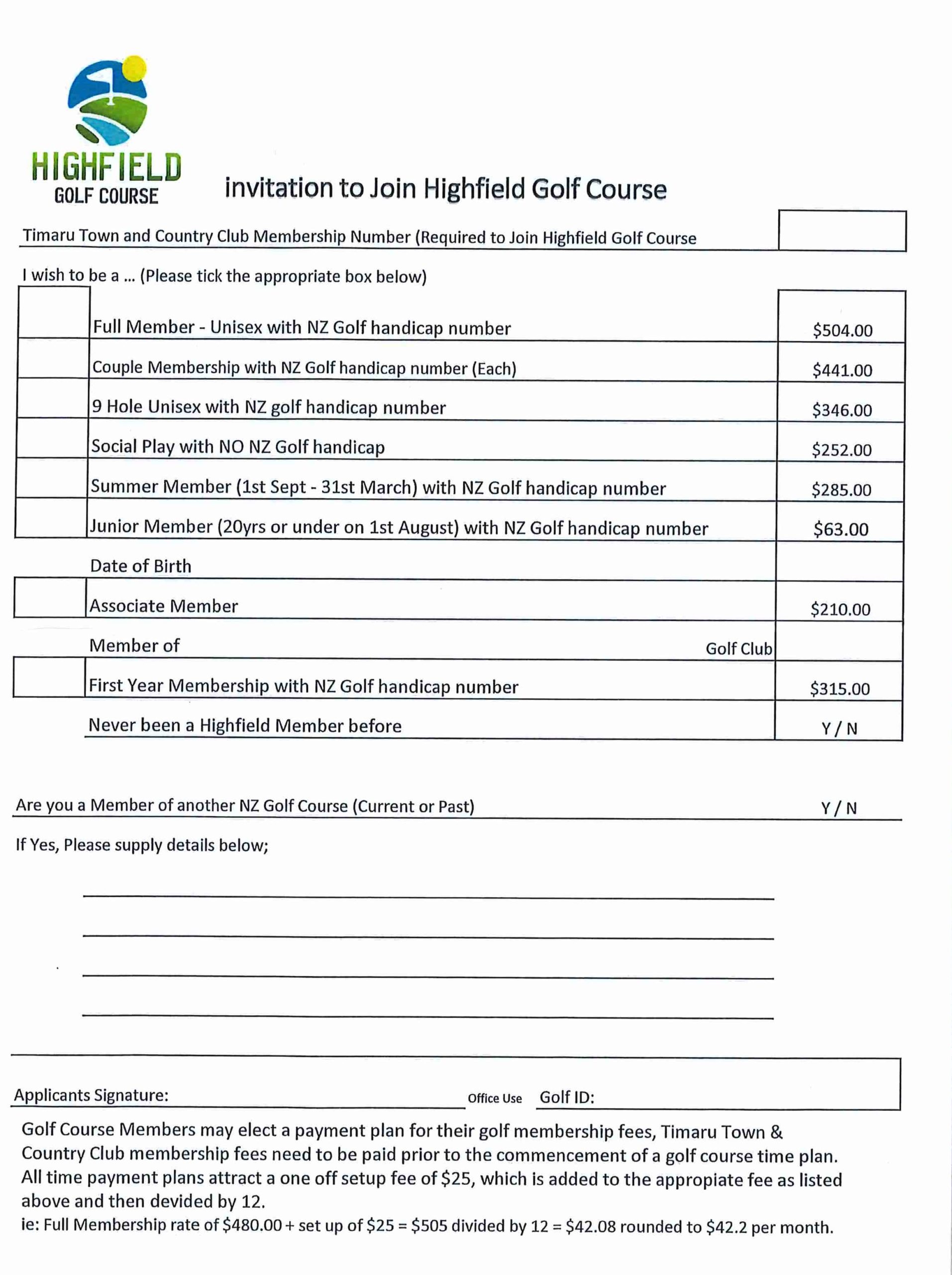 Invitation to join the Highfeild Golf Course - Timaru Town & Country Club