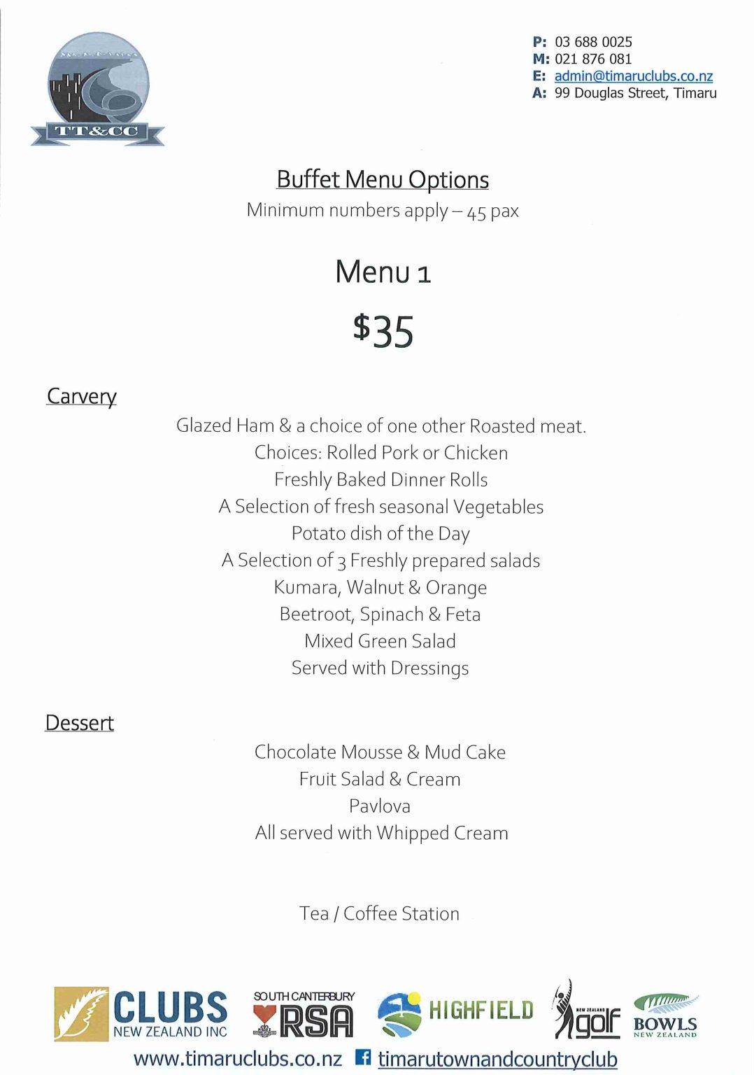 Catering - Timaru Town & Country Club