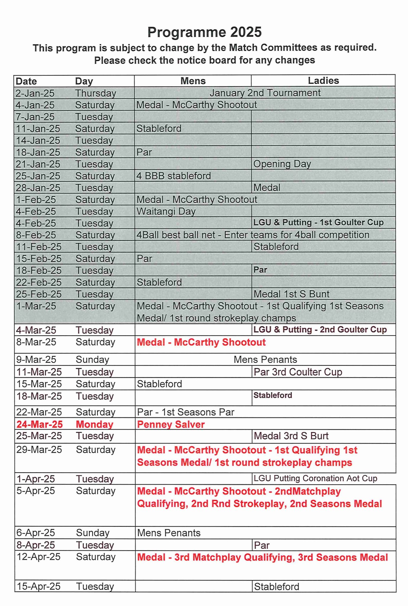 Calendar, Tournaments & Events - Timaru Town & Country Club