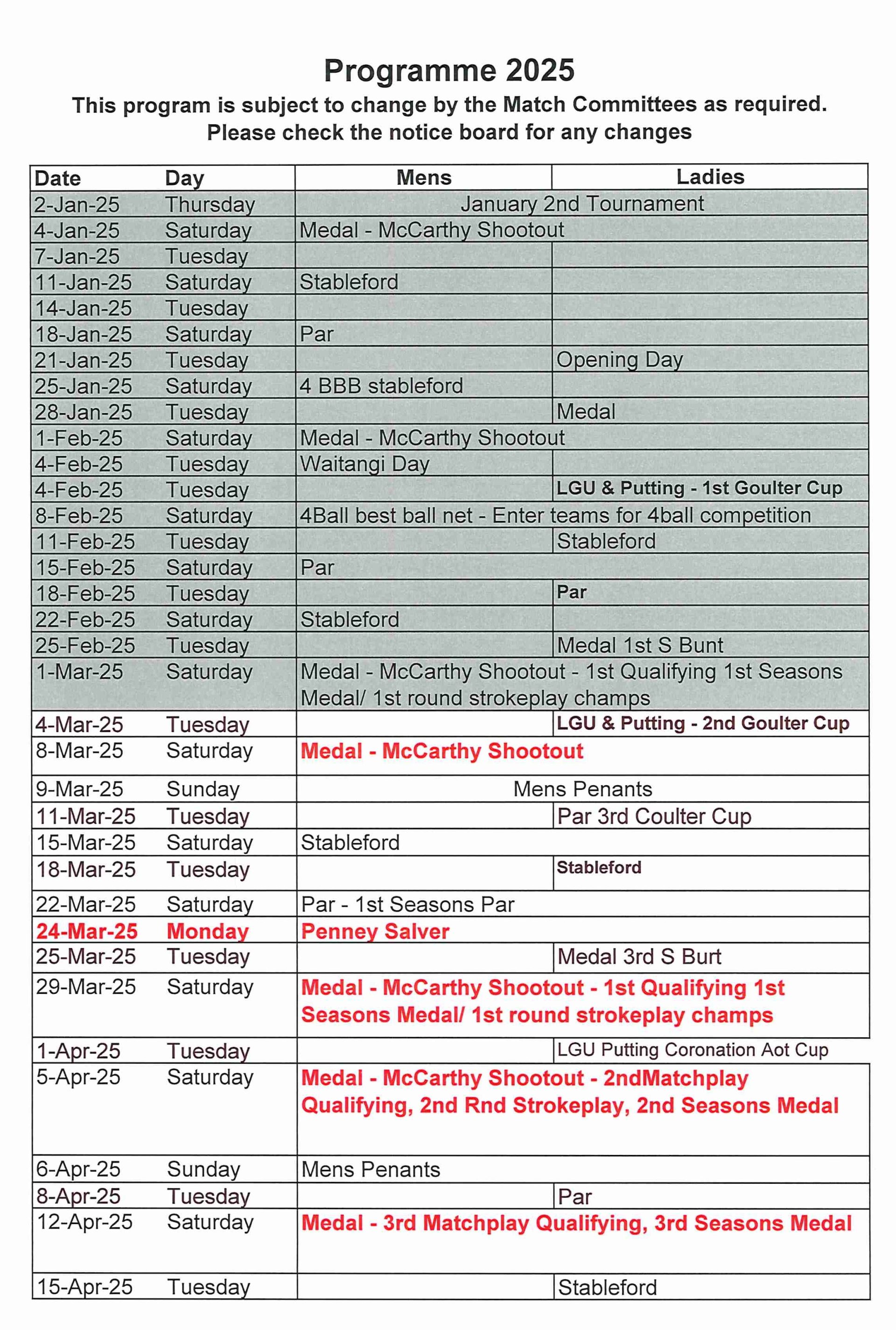Calendar, Tournaments & Events - Timaru Town & Country Club